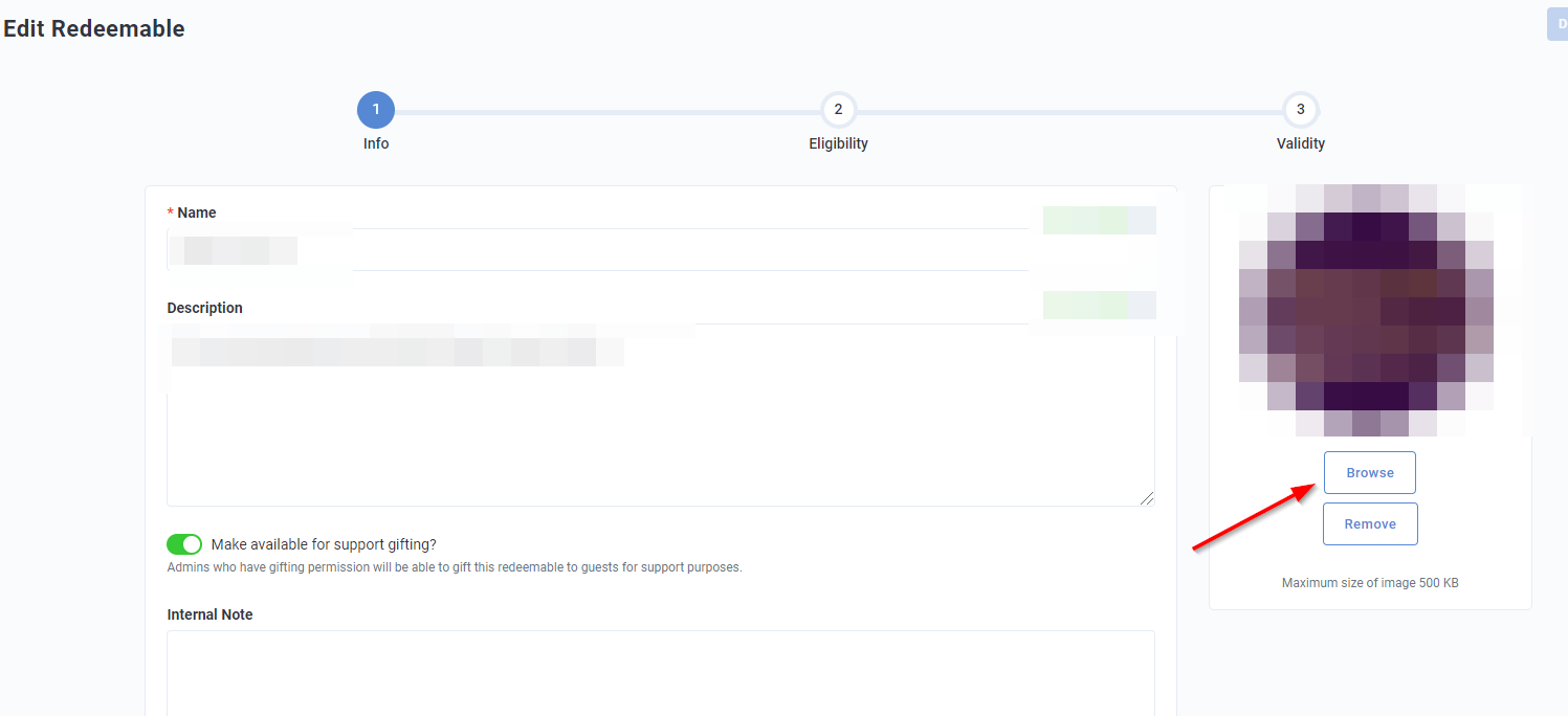 How to change the existing redeemable image from the platform?